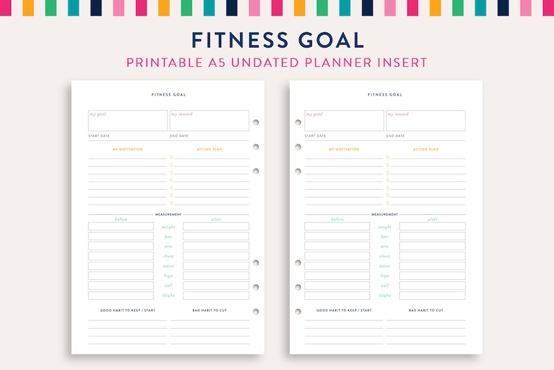 Fitness Goal A5 Planner Inserts, Fitness Goal Sheet, Printable Fitness ...