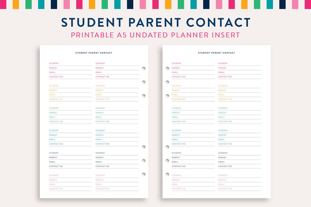 Student Parent Contact A5 Planner Inserts, Student Parent Contact Sheet ...