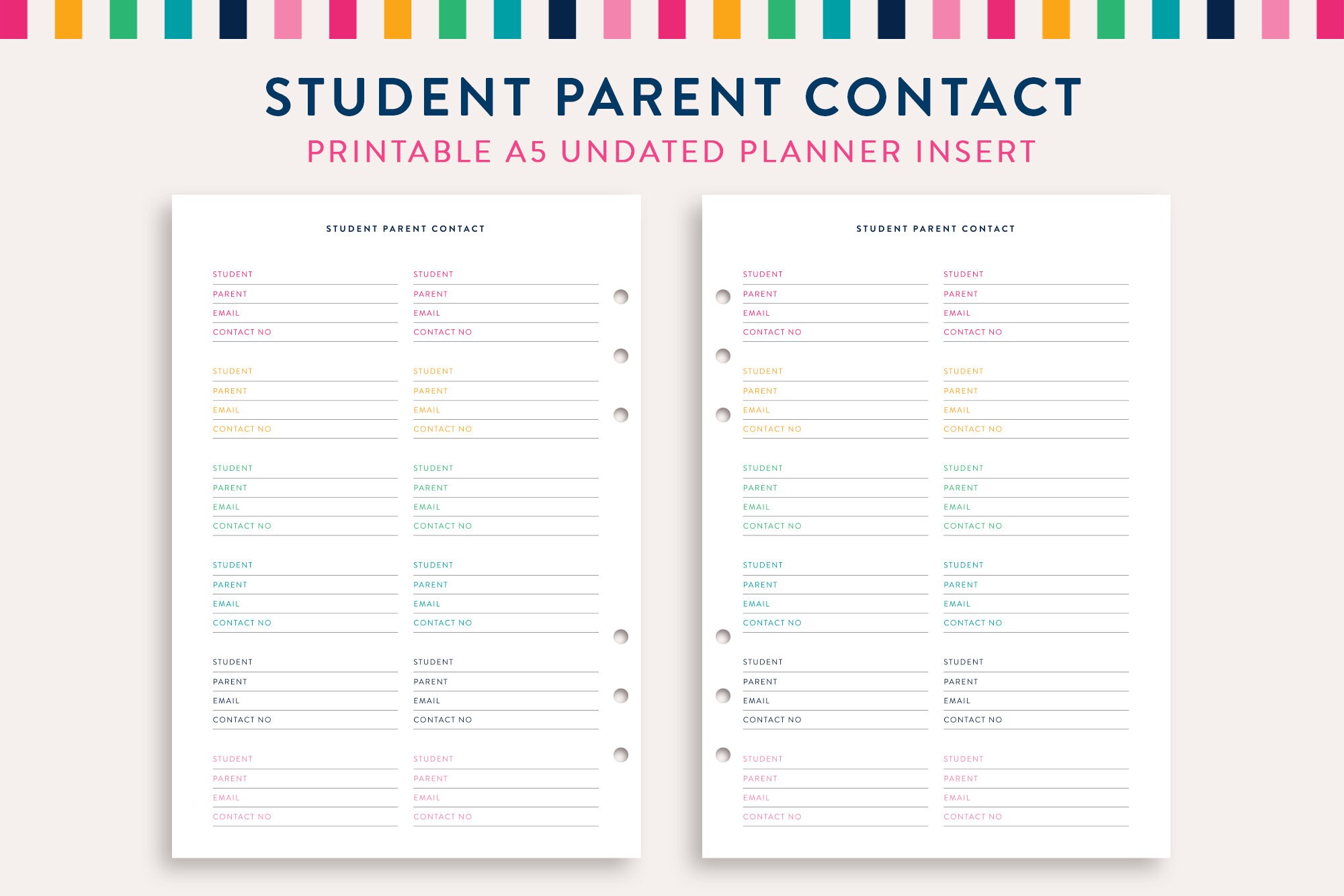 Student Parent Contact A5 Planner Inserts, Student Parent Contact Sheet ...