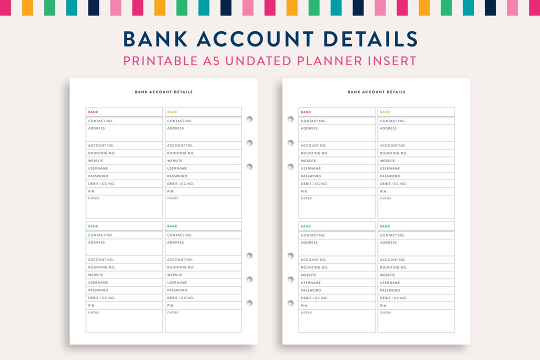 Bank Account Details A5 Planner Inserts, Bank Account Details Sheet ...