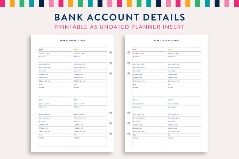 Bank Account Details A5 Planner Inserts, Bank Account Details Sheet ...