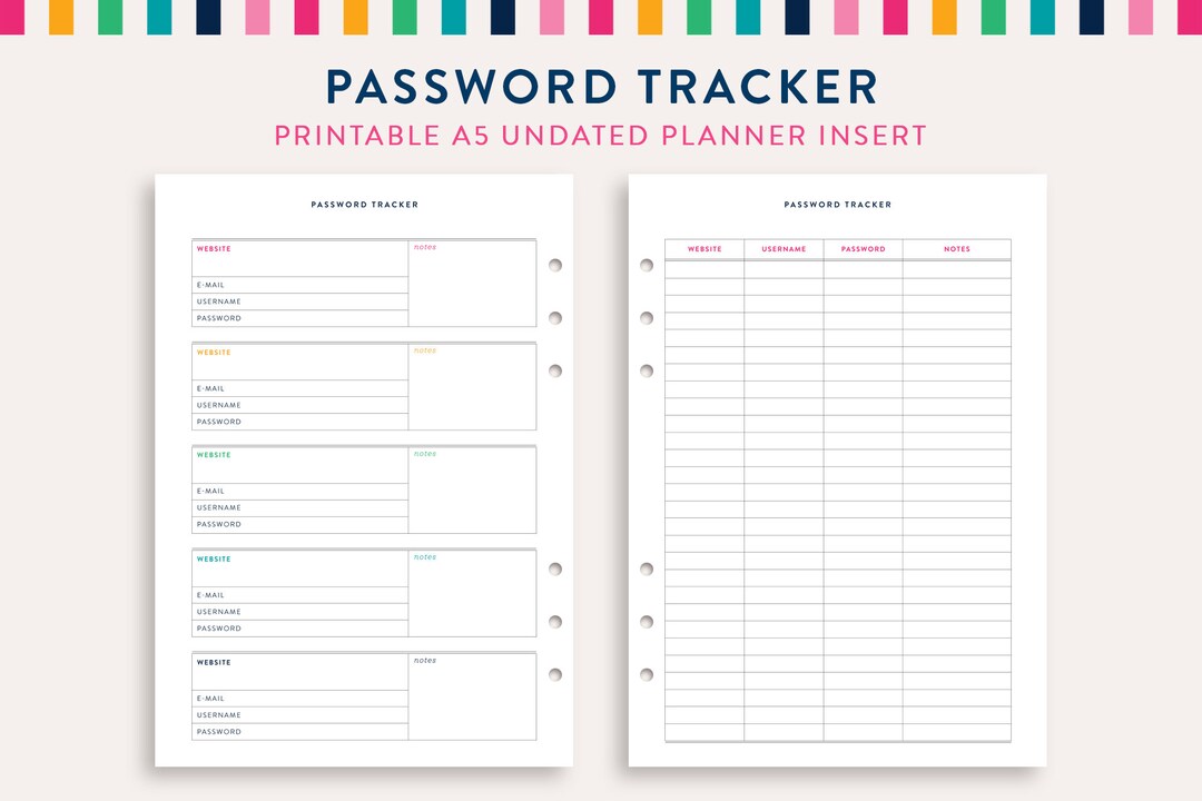 Password Tracker A5 Planner Inserts, Password Tracker Sheet, Printable ...