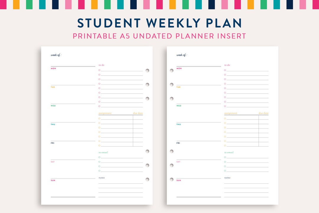 Student Weekly Plan A5 Planner Inserts, Student Weekly Plan Sheet ...