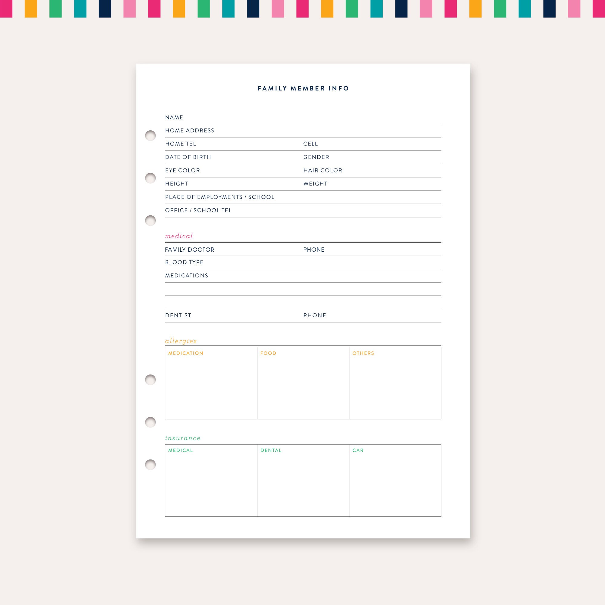 Family Member Info A5 Planner Inserts, Family Member Info Sheet ...