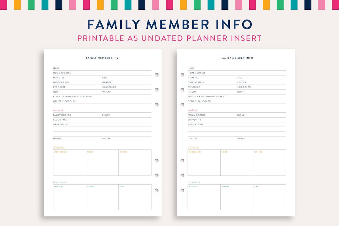 Family Member Info A5 Planner Inserts, Family Member Info Sheet ...