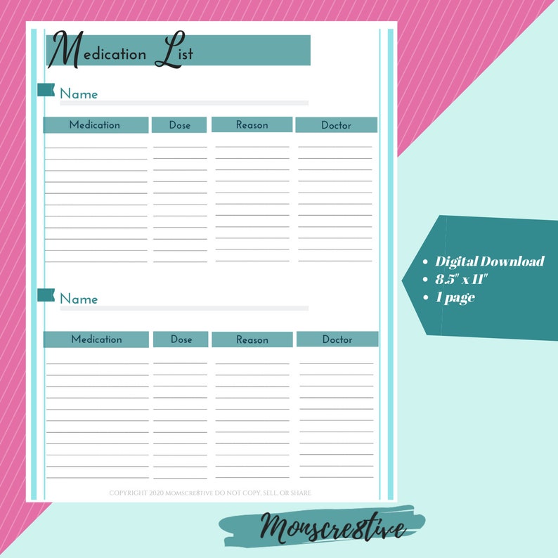 MEDICATION LIST Keep Track of Your Family's - Etsy