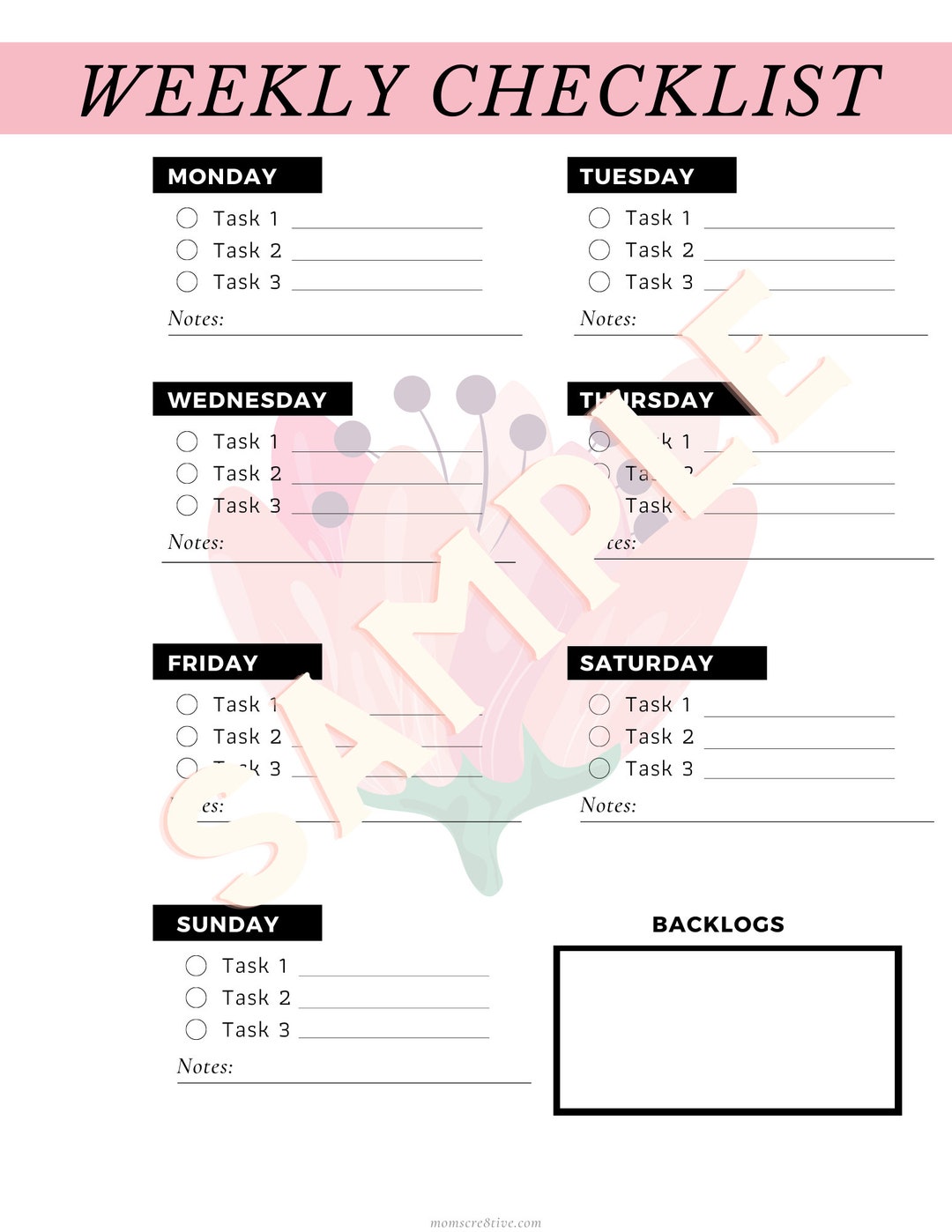 Weekly Checklist | Printable Planner Page | Digital Download - Etsy