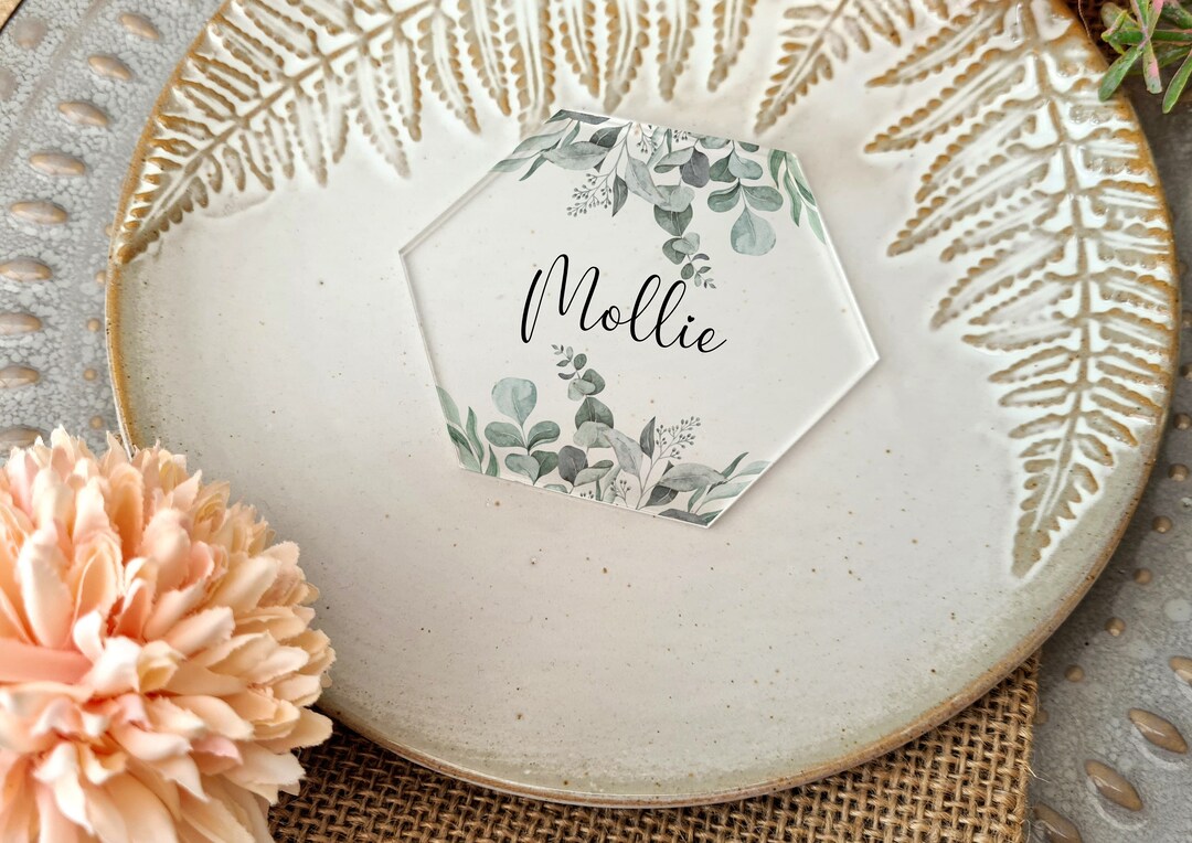 Personalised Eucalyptus Acrylic Printed Hexagon Table Place Names ...
