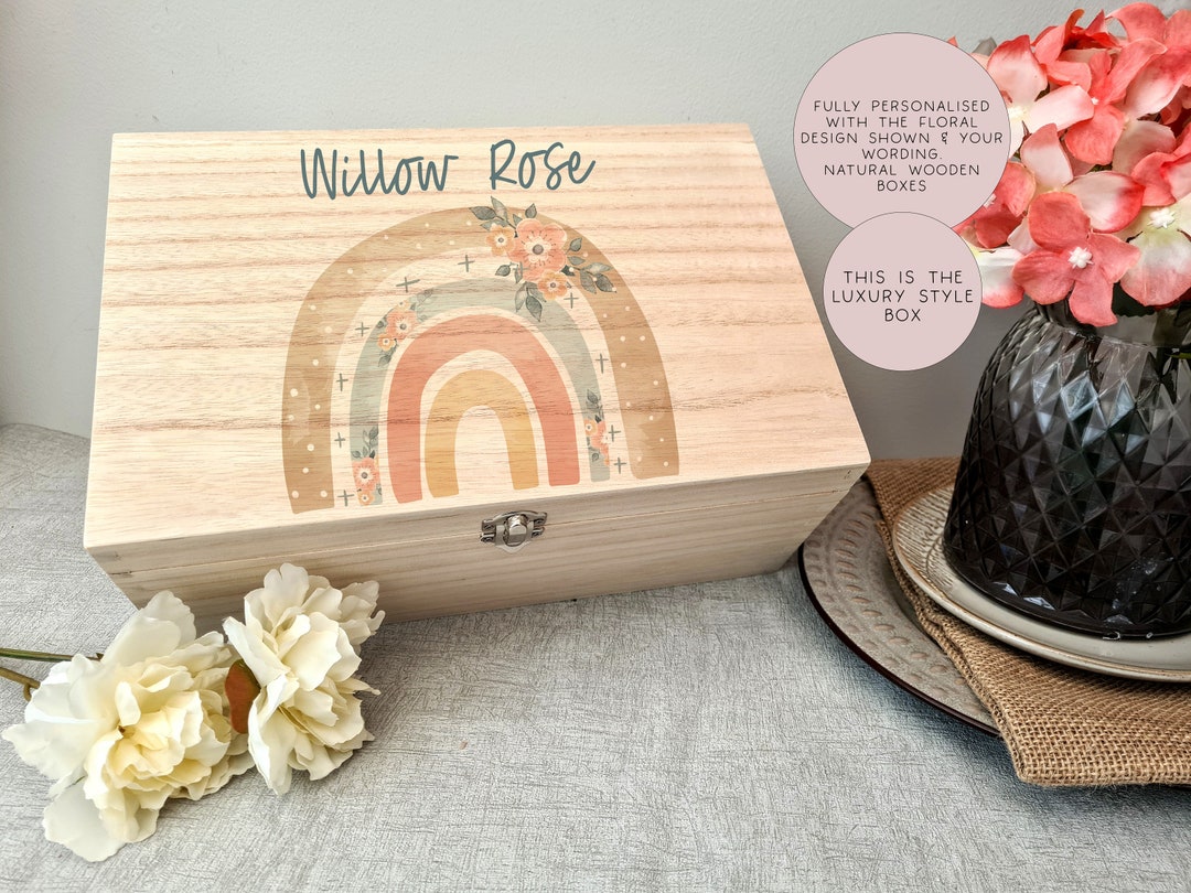 Wooden Personalised Baby Pastel Rainbow Box, Wooden Keepsake Box for ...