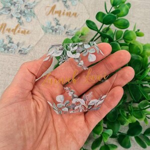 Personalised Eucalyptus Acrylic Printed Hexagon Table Place Names ...