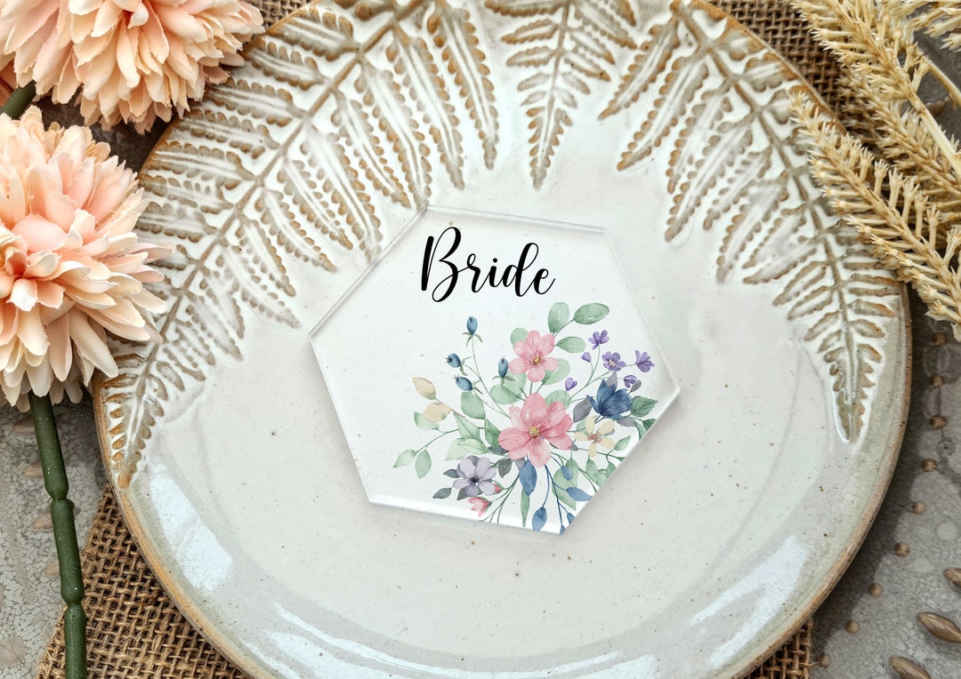 Personalised Floral Pastel Acrylic Printed Hexagon Table Place Name ...