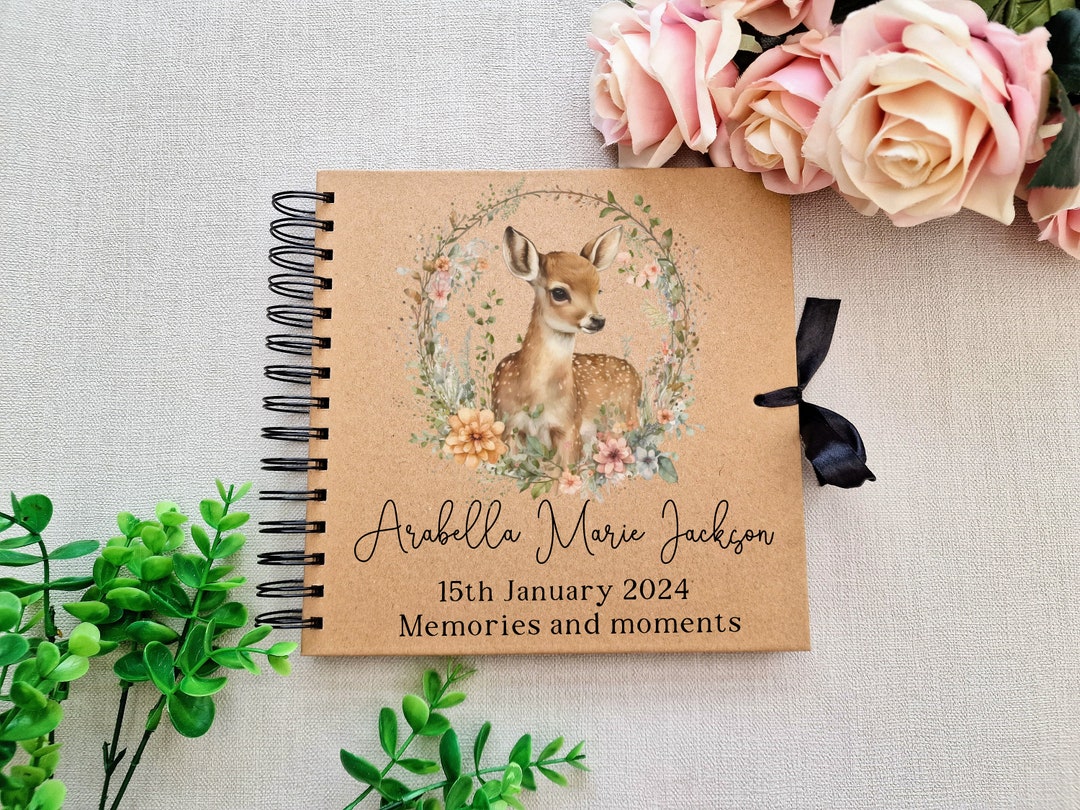 Deer Watercolour Baby Memories Photo Album, Rustic Wooden Personalised ...