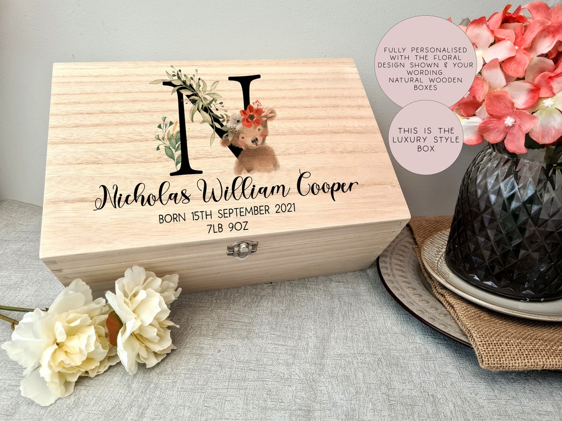 Wooden Personalised Baby Floral Letter Memory Box Birthday - Etsy