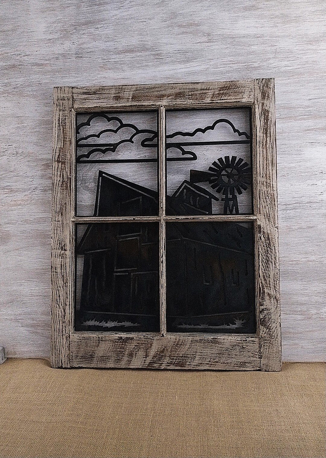 Rustic Wood Window Frame With Metal Barn, Upcycled Window Frame, Barn ...