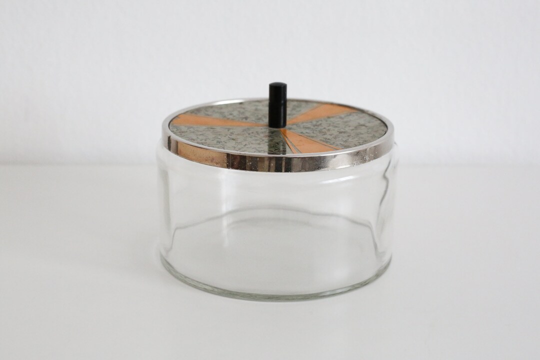 Vintage Glass Tin With Patterned Metal Lid - Etsy