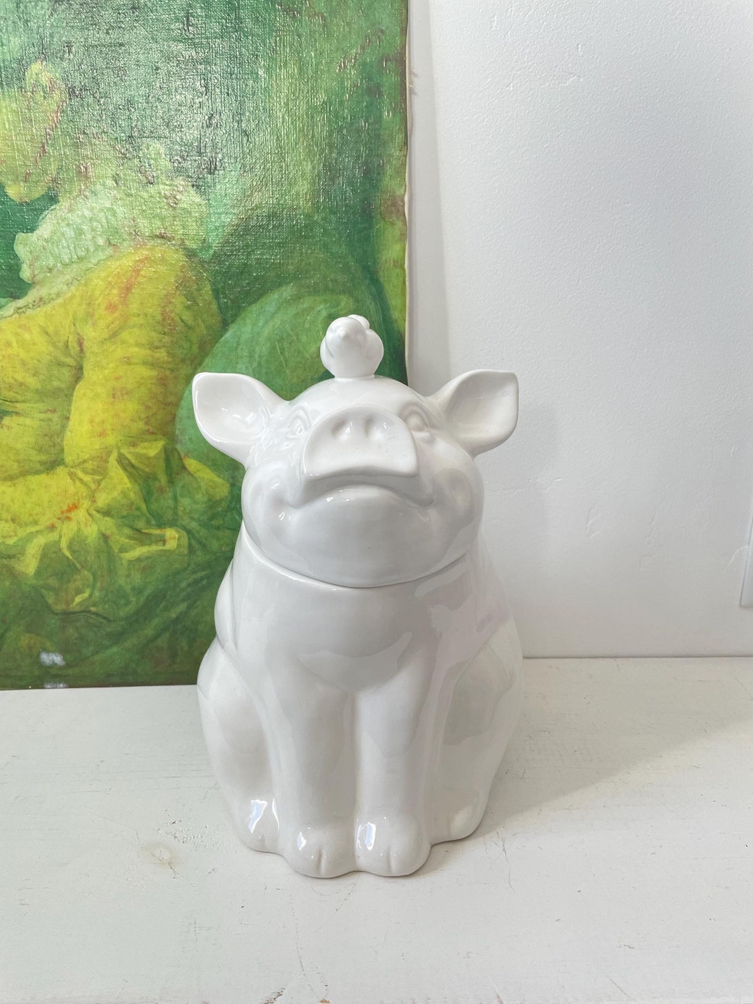 Pig Cookie Jar, White Farmhouse Ceramic Canister, Kitchen Storage ...