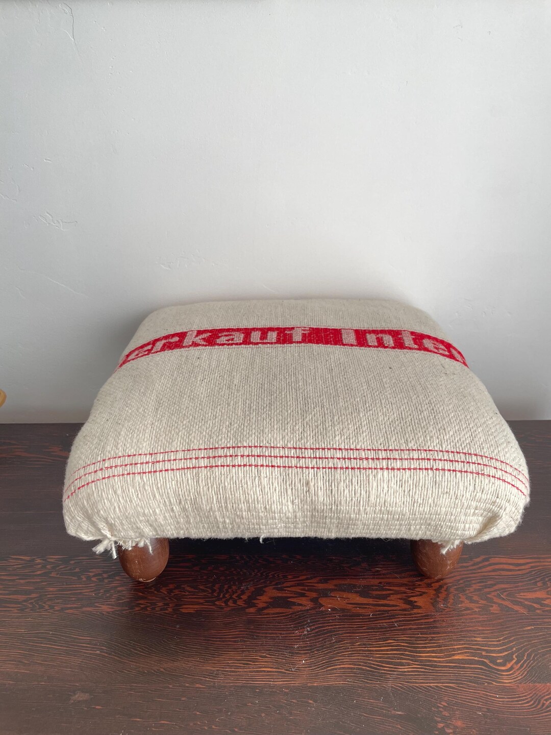 European Grainsack Footstool, Vintage Foot Rest, Primitive Red Cream ...
