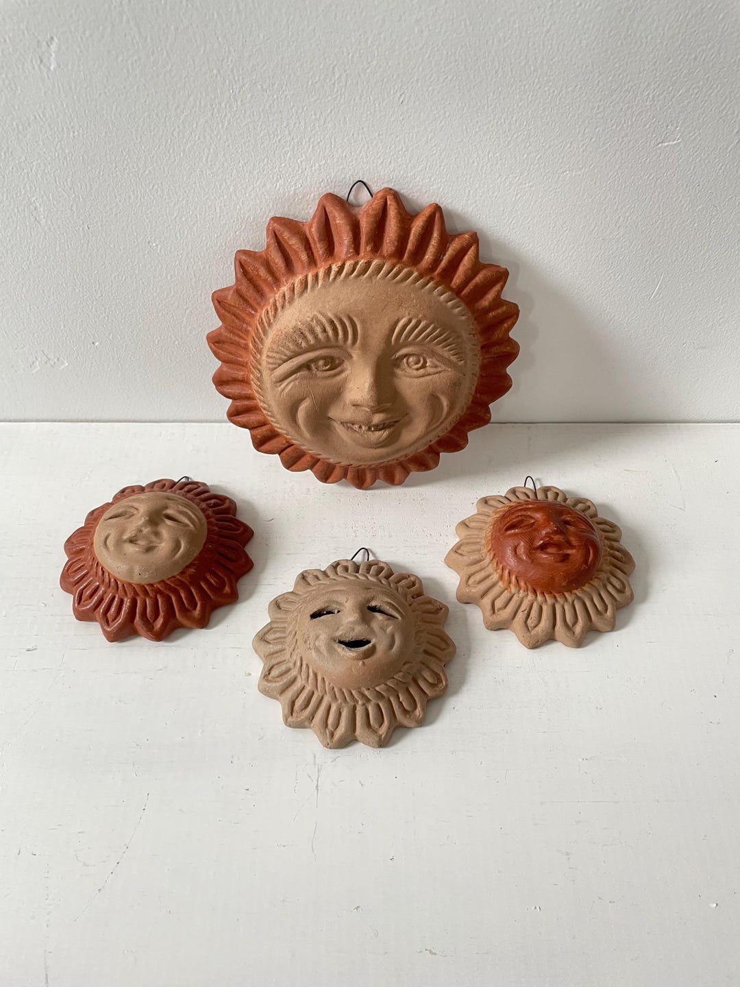 Mexican Folk Art Smiling Terracotta Suns, Vintage Outdoor Garden Decor ...