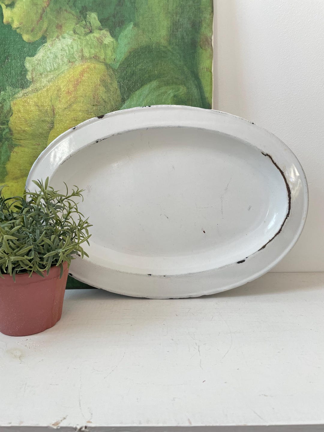 White Enamel Tray, Dinner Platter, Vintage Oval Serving Dish, Farmhouse ...