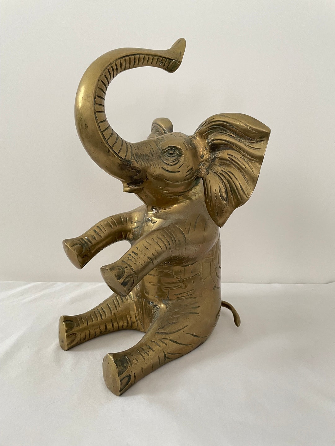 Large Vintage Brass Elephant Figurine, Gold Metal Elephant Bookend ...