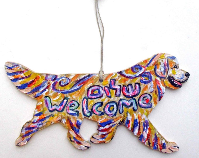 Golden Retriever Welcome Shalom Sign, Dog Lover Home, Hebrew English ...