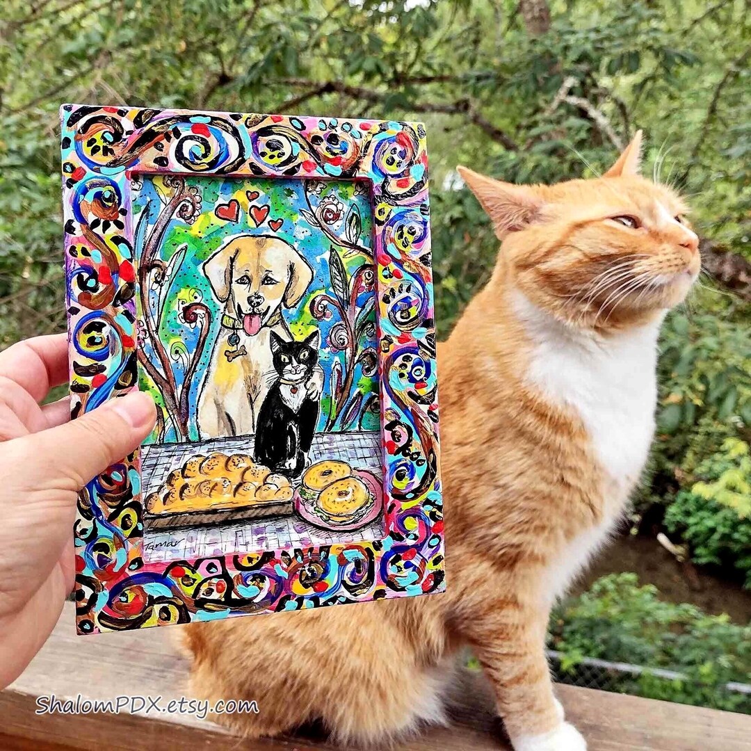 Original Framed Watercolor Painting: Labrador, Tuxedo Cat & Brunch - Etsy