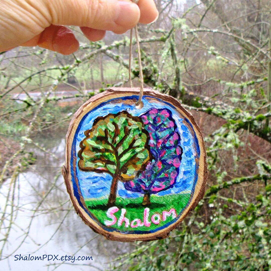 Hand-painted Shalom Ornament: Judaica Art, Two Trees, Wood Slice - Etsy