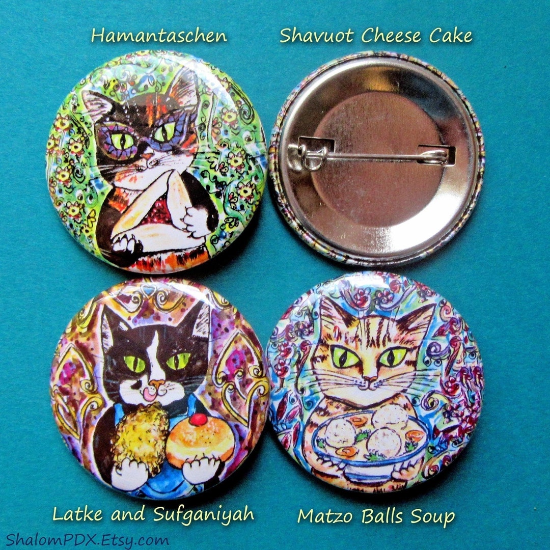 Jewish Holidays Food 1.5 Pin Back Button Set, Latkes, Whimsy Judaica ...