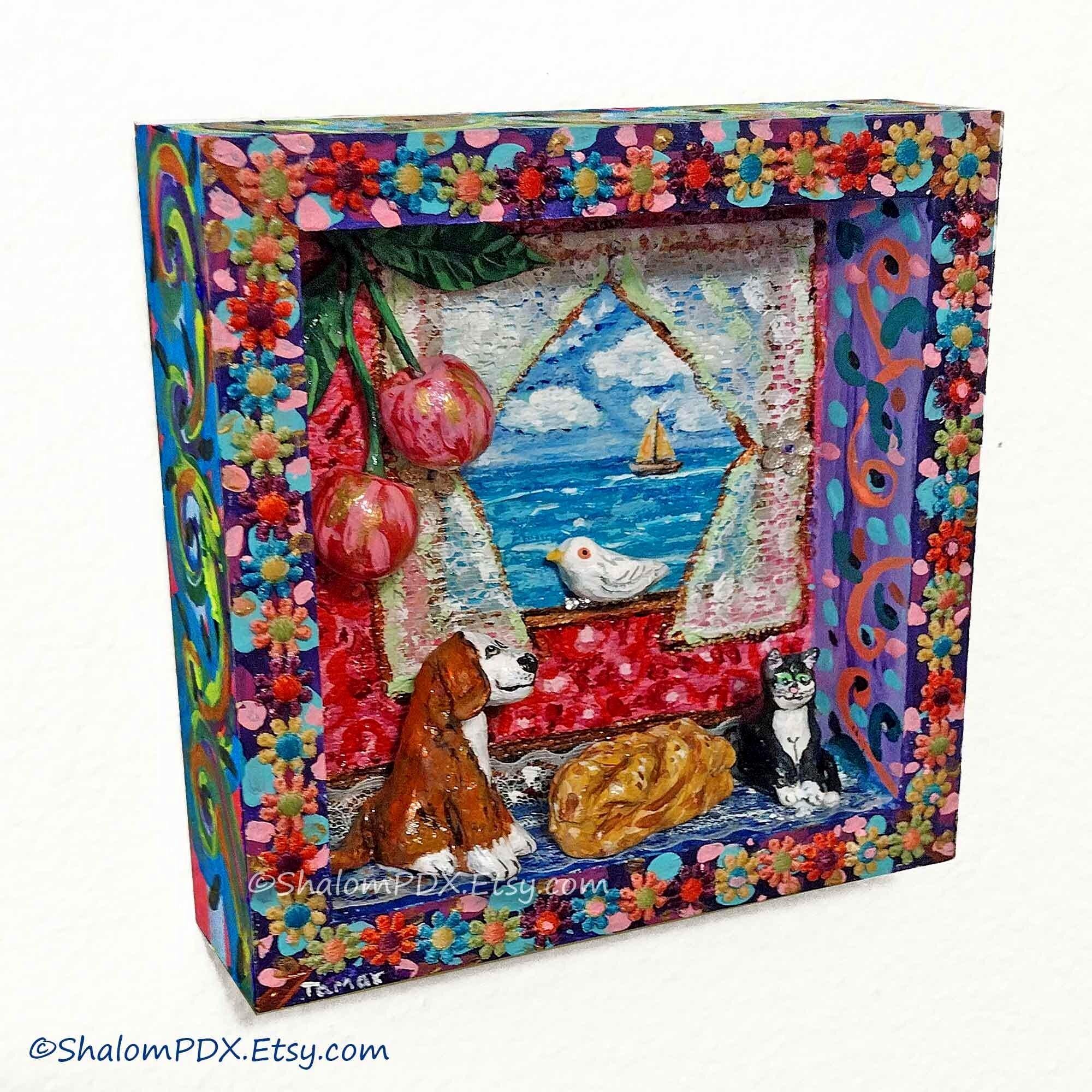 Hand-painted Dog & Cat Diorama – Wooden Shadow Box With Challah ...
