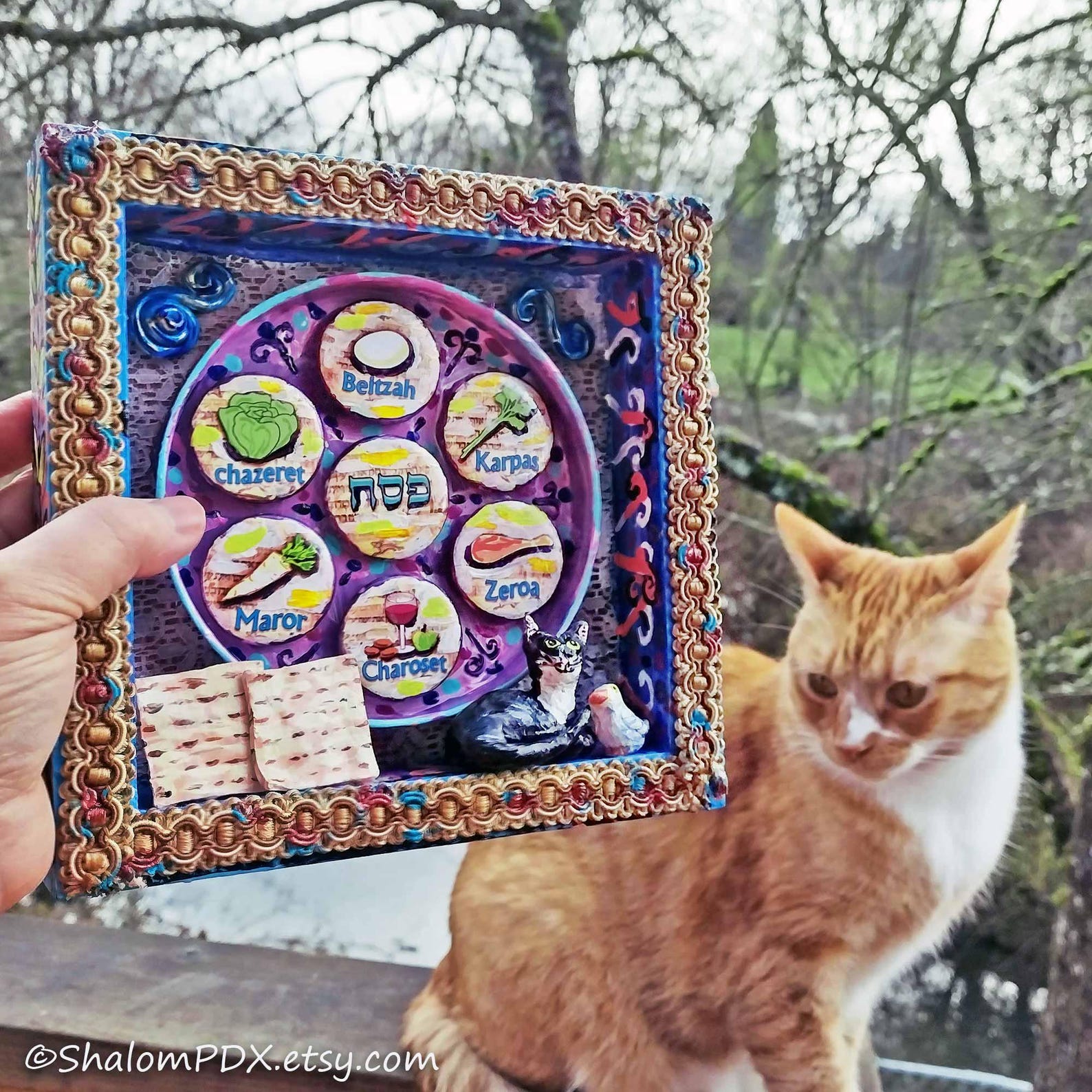 Passover Seder Plate Diorama | Hand-sculpted Cat & Dove Art | Jewish ...