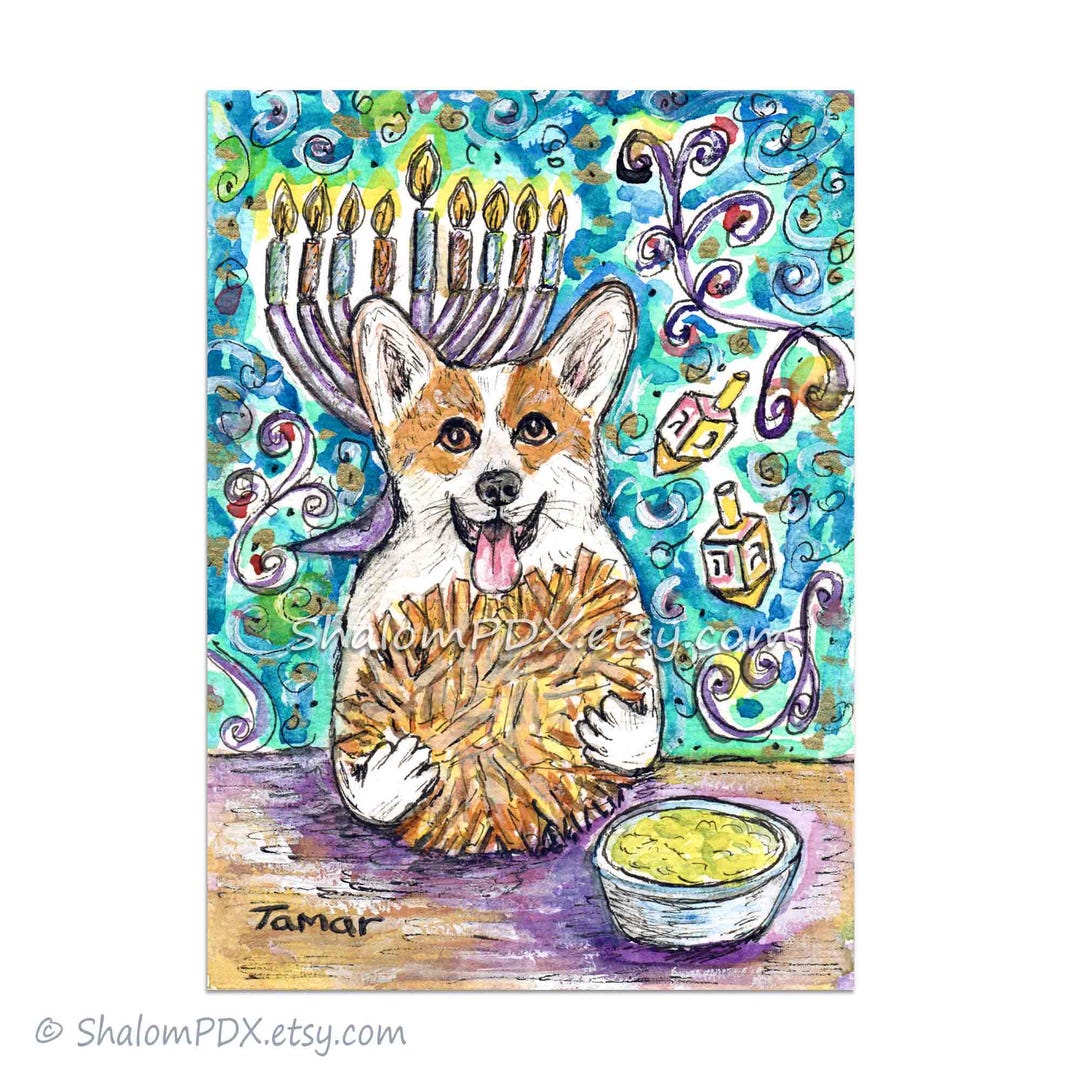 Hanukkah Dog Art, Original Watercolor Painting, Funny Corgi Eating ...