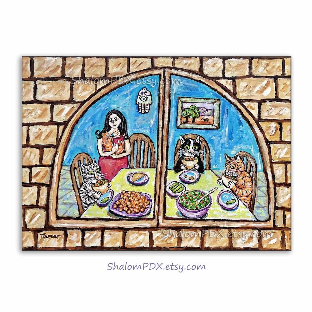 Cat Family Falafel Dinner: Original Acrylic Painting on Canvas (18x24 ...
