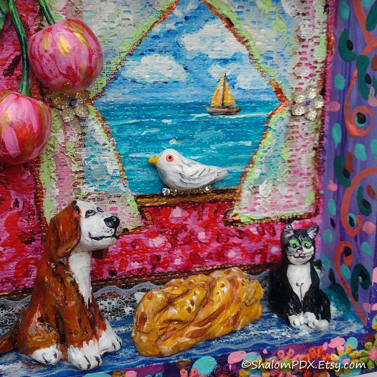 Hand-painted Dog & Cat Diorama – Wooden Shadow Box With Challah ...