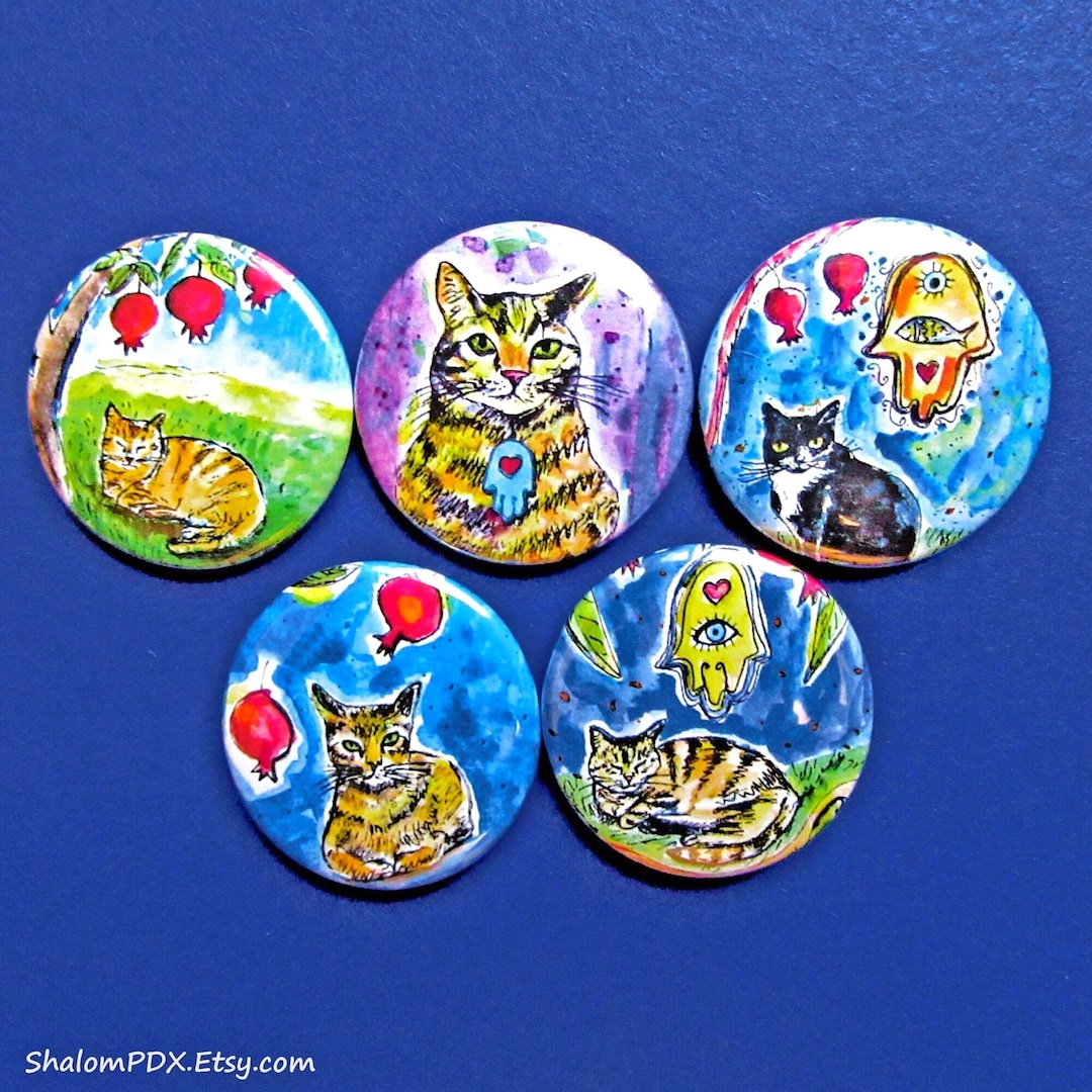 Cat Magnets | Hamsa & Pomegranate | 1.5" Button Magnets | Jewish Art ...