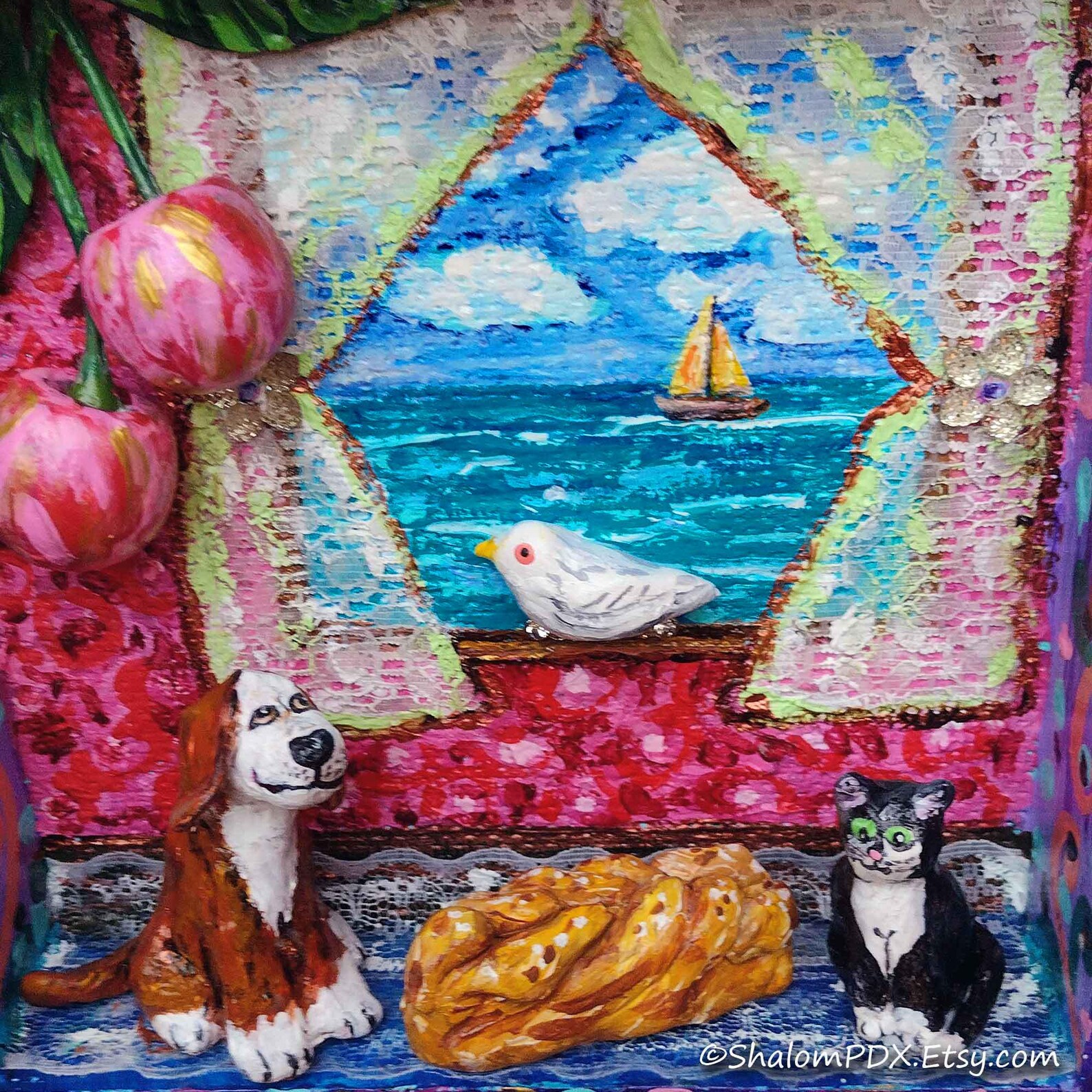 Hand-painted Dog & Cat Diorama – Wooden Shadow Box With Challah ...