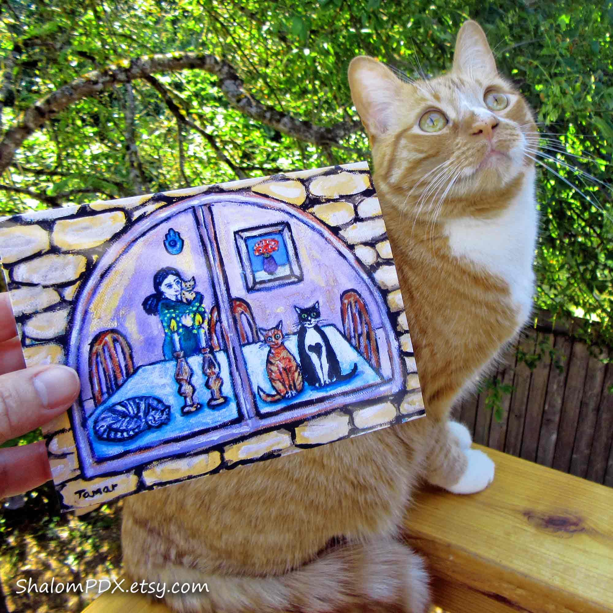 Shabbat Shalom Card, Jewish Cat Art, Cat Mom, Shabbat Candlesticks, Cat ...