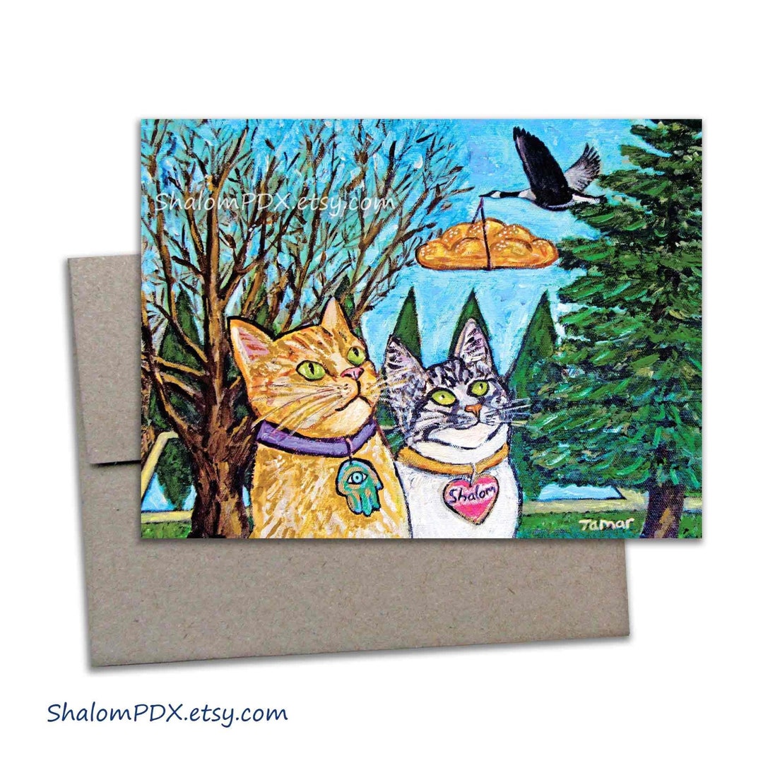 Shalom Cat Cards, Challah Bread, Goose, Cat Mom Dad Gift, Surreal ...