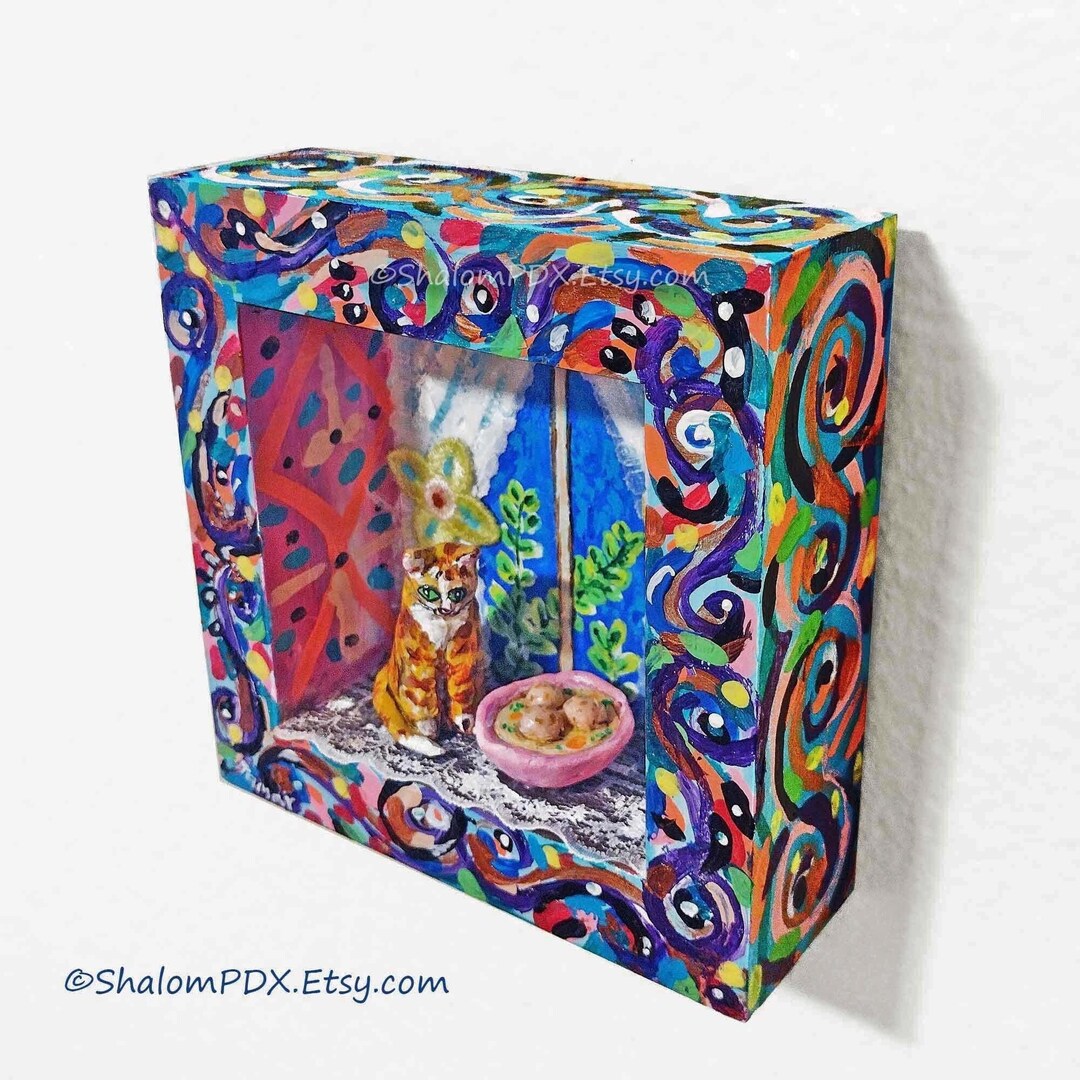 Orange Cat Art Diorama | Hand Painted Matzo Ball Soup Shadow Box ...