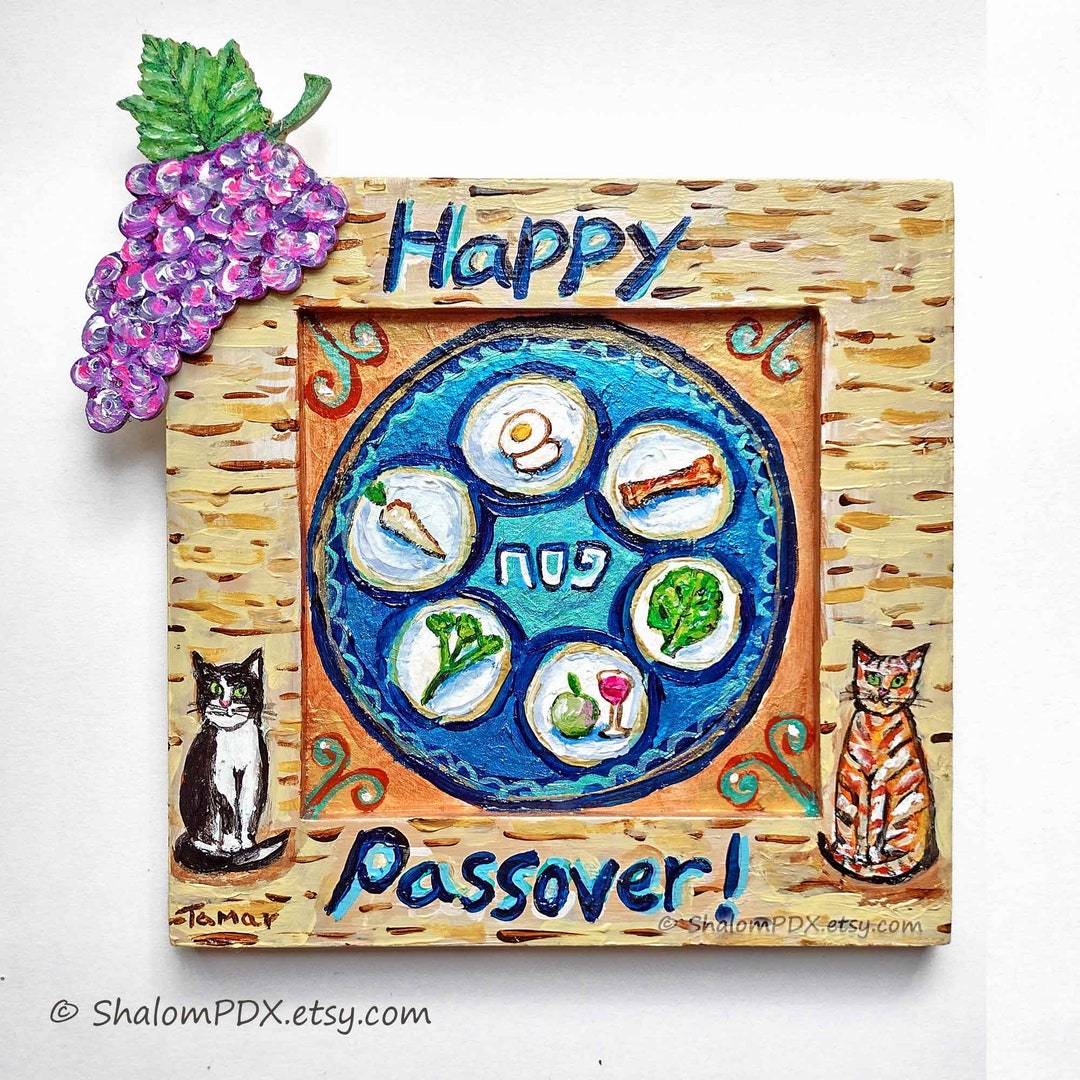 Passover Decoration, Original Painting, Jewish Cat, Judaica Art, Seder ...