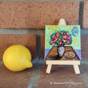 Original Mini Painting on Easel, Cat Canvas, Hamsa Hand, Jewish Cat ...