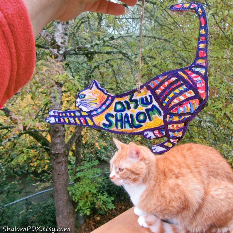 Cat Welcome Shalom Sign Cat Lover Home Hebrew English Gift - Etsy