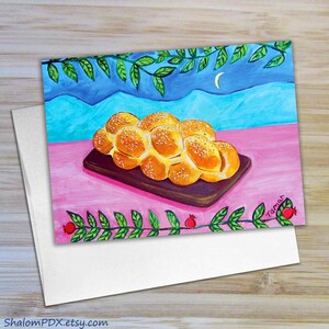 Jewish Note Card Set, Challah Bread, Shabbat Shalom, Judaica Art, Cat ...