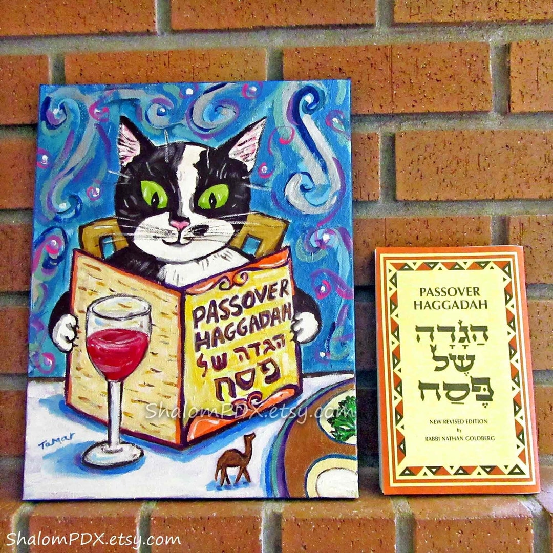 Original Painting, Passover Gift, Cat Reading Pesach Haggadah ...