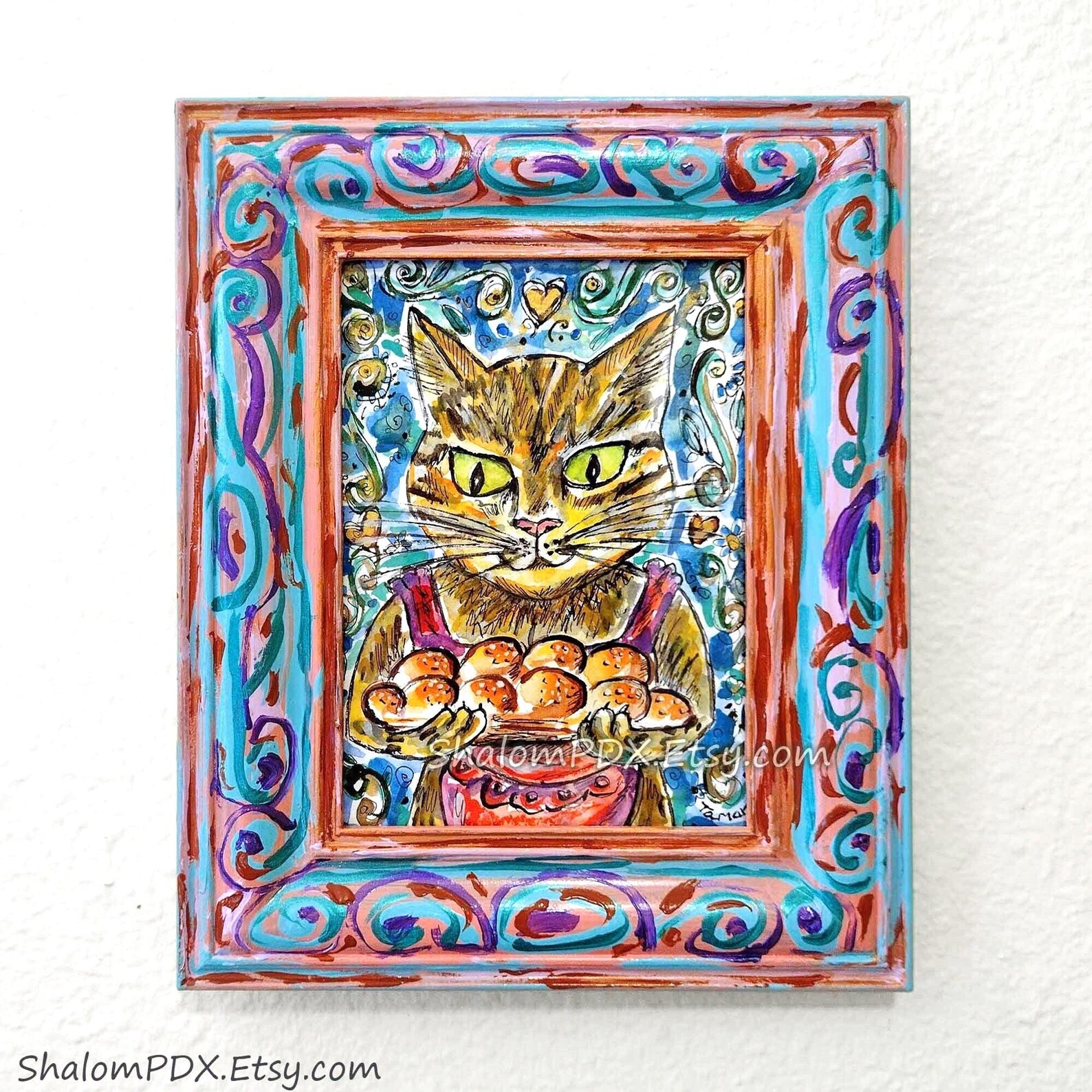 Orange Tabby Cat Art: Challah Bread, Jewish Judaica - 5x7 Framed ...