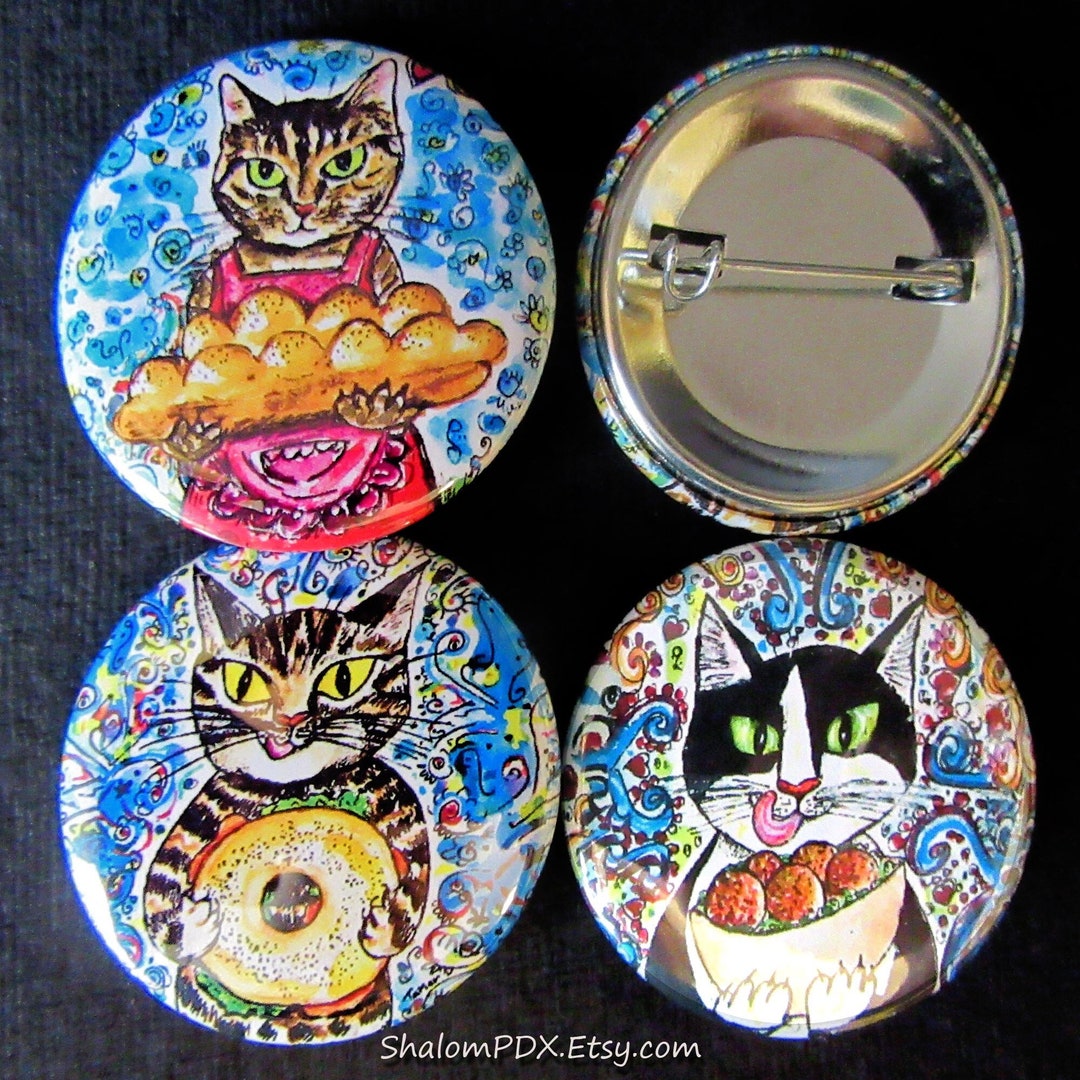 Cat With Jewish Food, 1.5 Pin Back Button Set, Lox Bagel, Challah ...