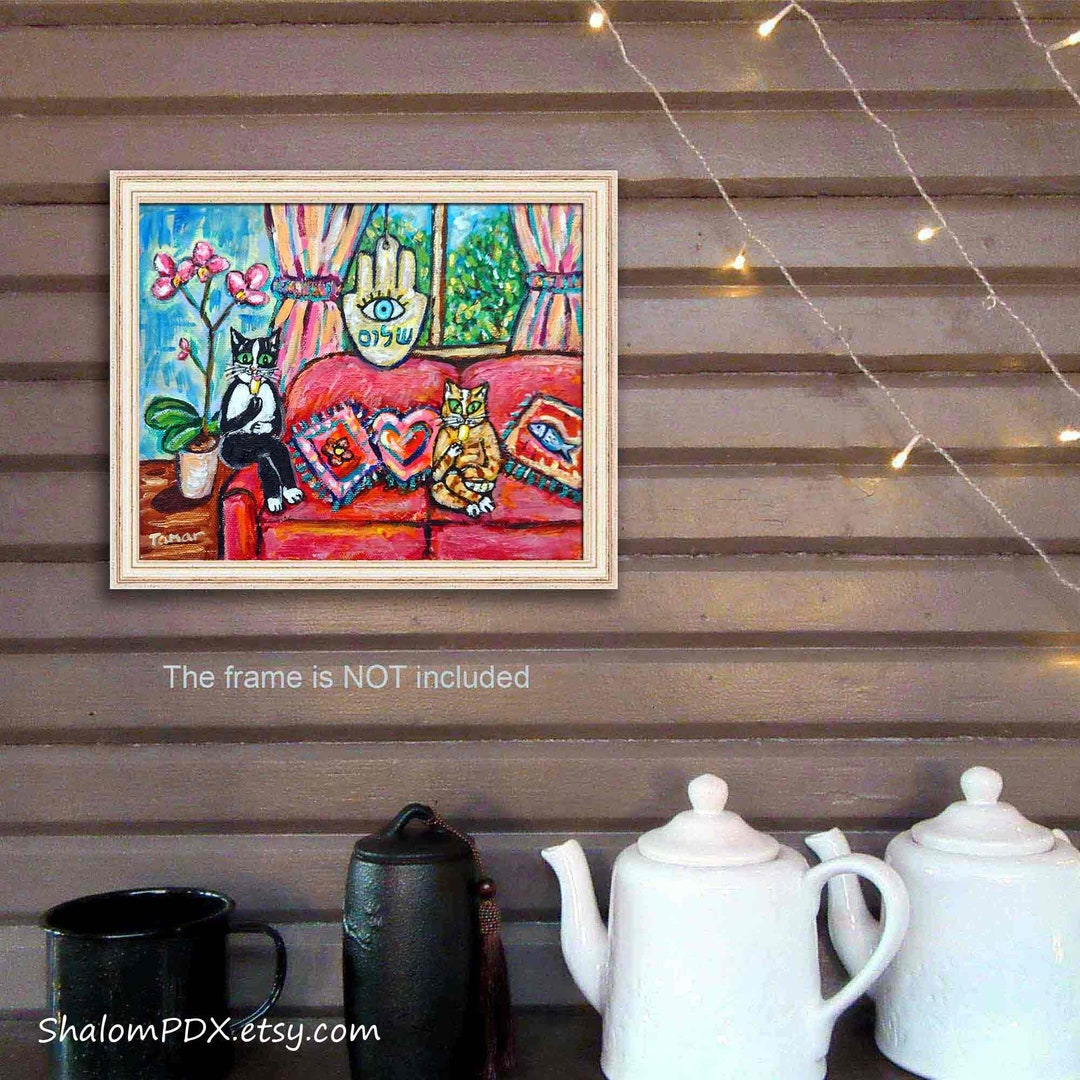 Cat Original Painting, Shalom Hebrew, Hamsa Hand Eye, Funny Cat Canvas ...