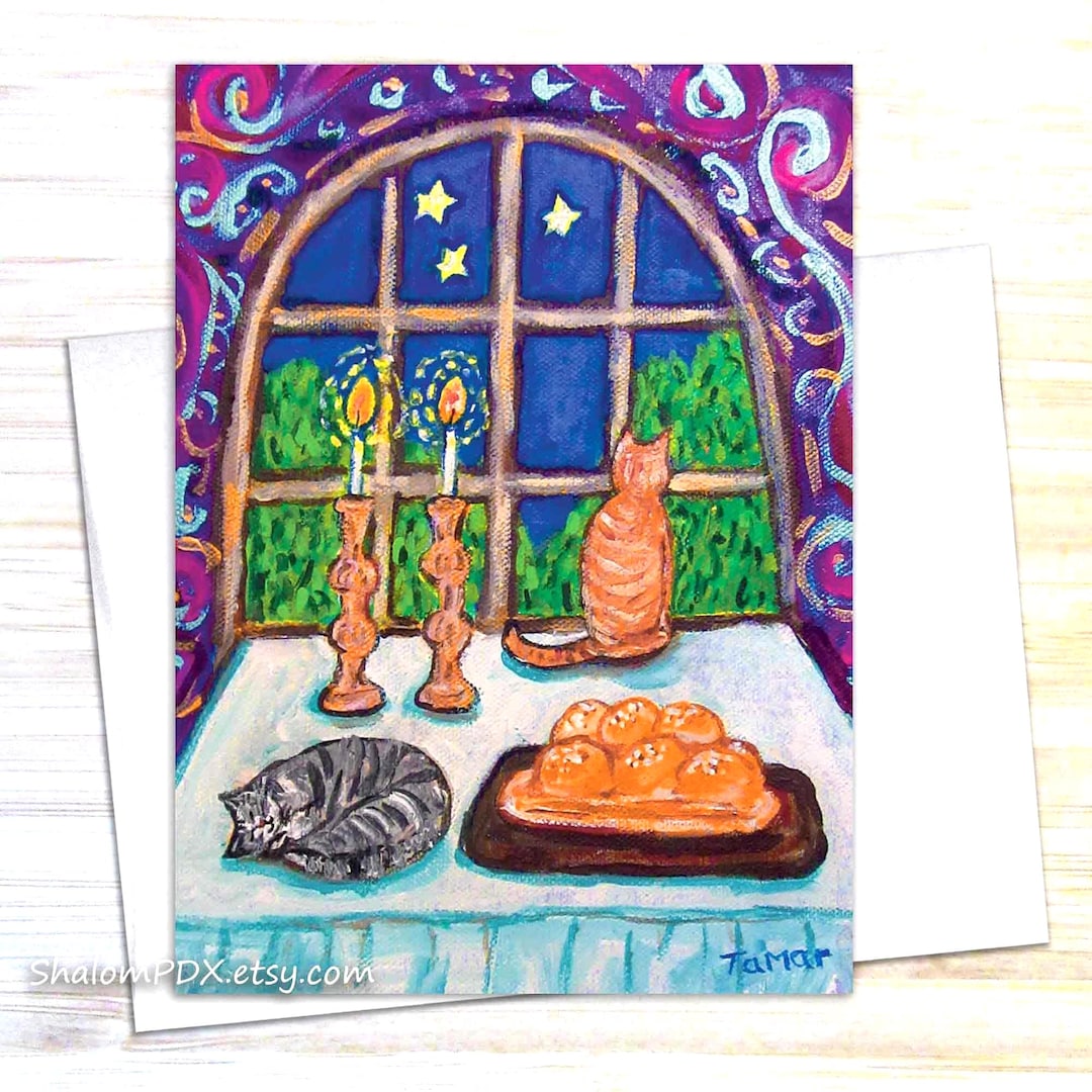 Shabbat Shalom Cat Art Cards, Judaica Note Cards - Etsy