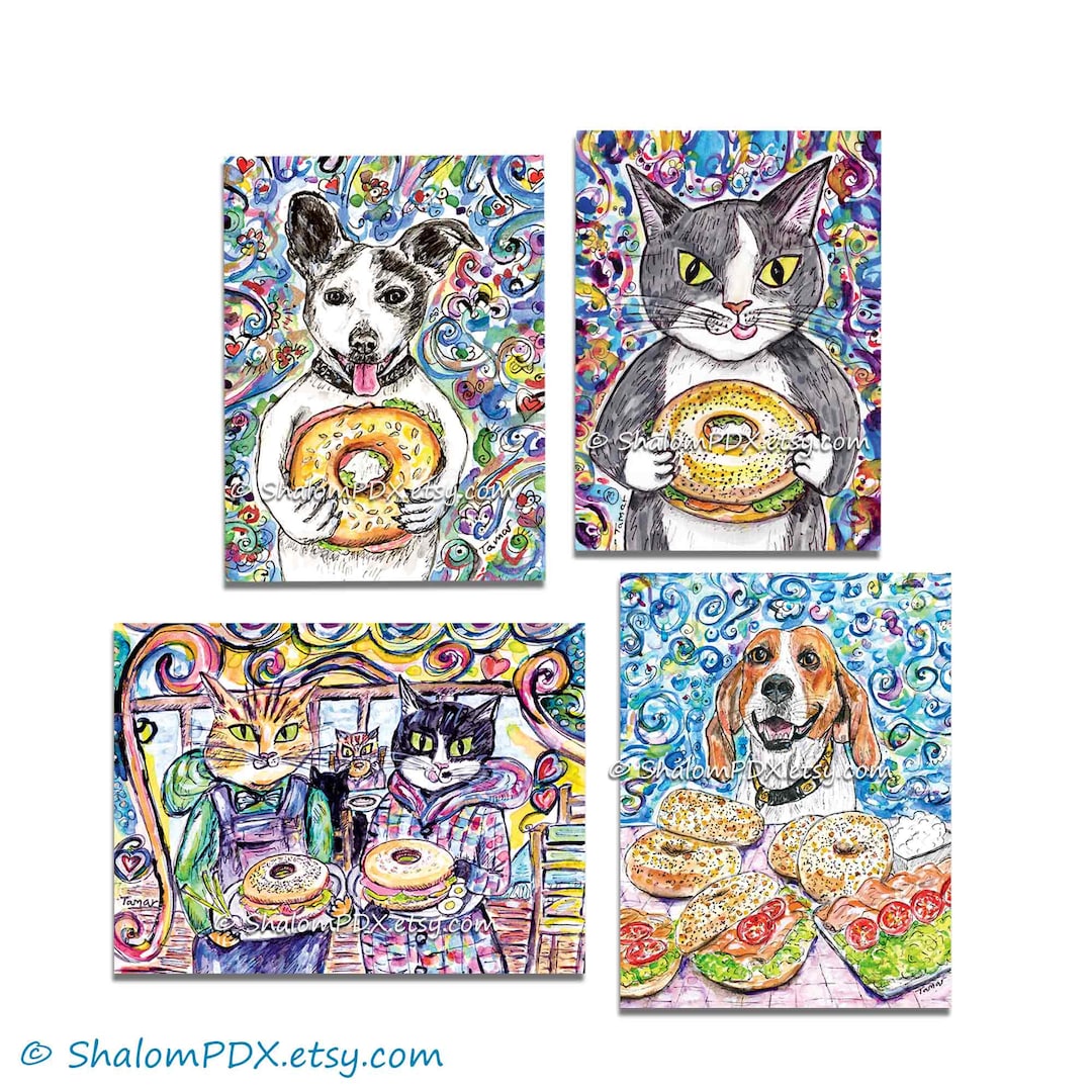Cats and Dogs, Bagel Note Card Set, Jewish Bakery, Funny Pet Drawing ...