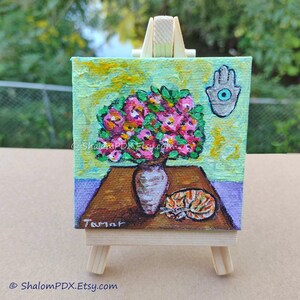 Original Mini Painting on Easel, Cat Canvas, Hamsa Hand, Jewish Cat ...
