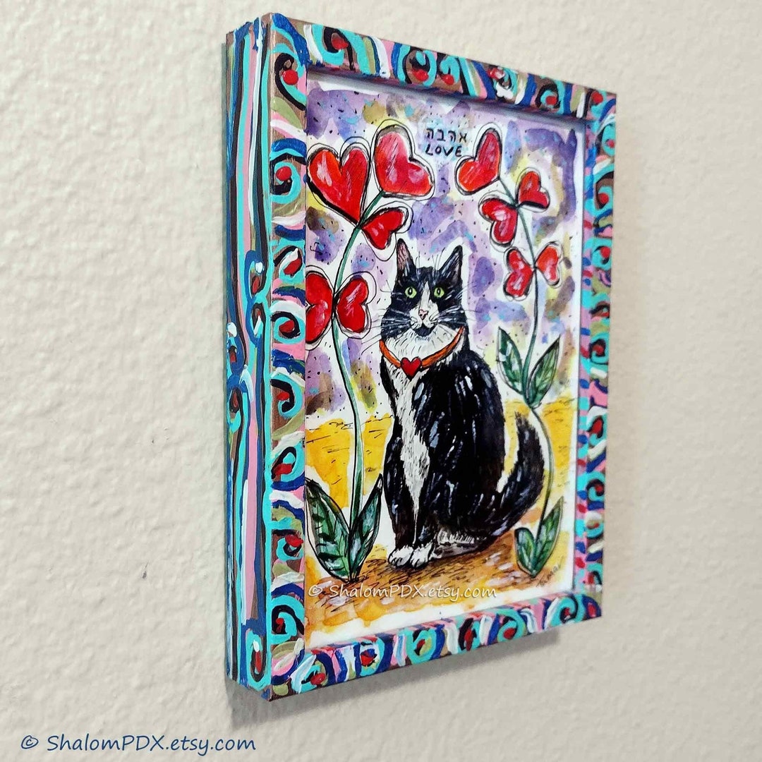 Framed Cat Painting, Original Watercolor, Tuxedo Cat Mom, Ahavah ...